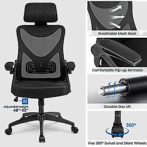 Yaheetech Ergonomic Mesh Office Chair, High Back Desk Chair with with flip-up Armrests, Adjustable Padded Headrest Computer Chair with Lumbar Support for Home Oiffce Game Room, Black