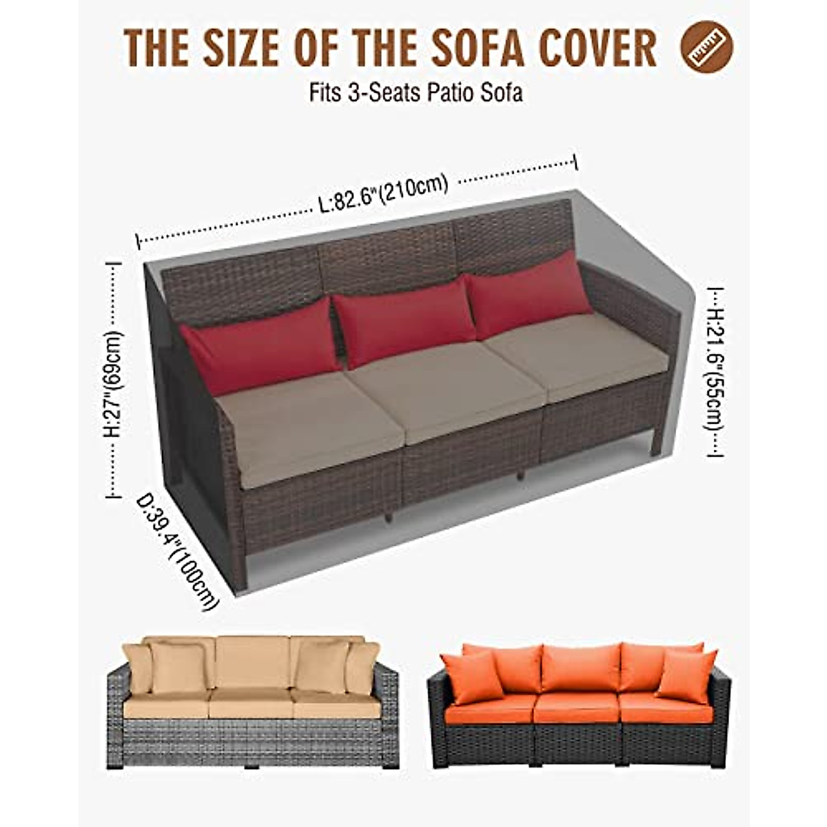 HIRALIY 3-Seater Outdoor Sofa Cover, Waterproof Outdoor Couch Cover, Heavy Duty Patio Furniture Covers for Outdoor Seating, Windproof Patio Sofa Covers for Winter, 82.6" L x 39" W x 27" H
