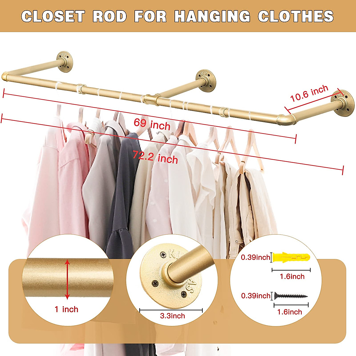 Varsoul Wall Industrial Pipe Clothes Racks, DIY Floating Hanger Rustic Home Pipe Decor, Mounted Closet Storage Organizer Holder Systems, Heavy Duty Garment Rod Pole For Cloakrooms Bathroom Black Iron