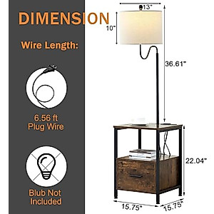 Topotdor Floor Lamp with Table, Wooden End Table Rustic Bedside Nightstand Lamp with Shelves for Living Room Bedroom Home Office, Brown