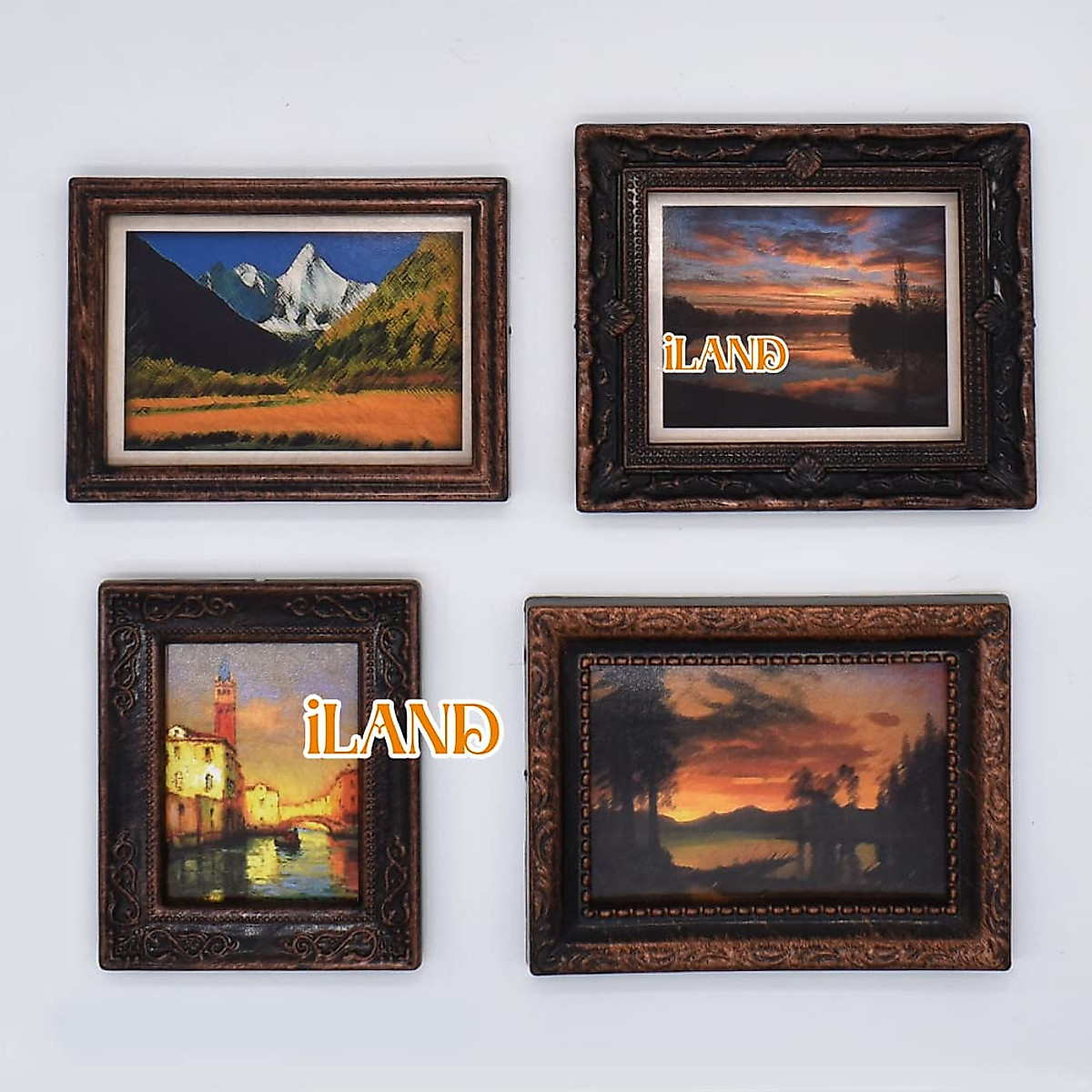 iLAND Miniature Dollhouse Accessories for Dollhouse Furniture on 1:12 Scale, Dollhouse Frames w/Printed Classic Paintings Set (4 Dark Brass Frames & Pictures)