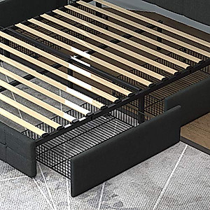 Allewie Upholstered Queen Size Platform Bed Frame with 4 Storage Drawers and Headboard, Square Stitched Button Tufted Mattress Foundation with Wooden Slats Support, No Box Spring Needed, Dark Grey