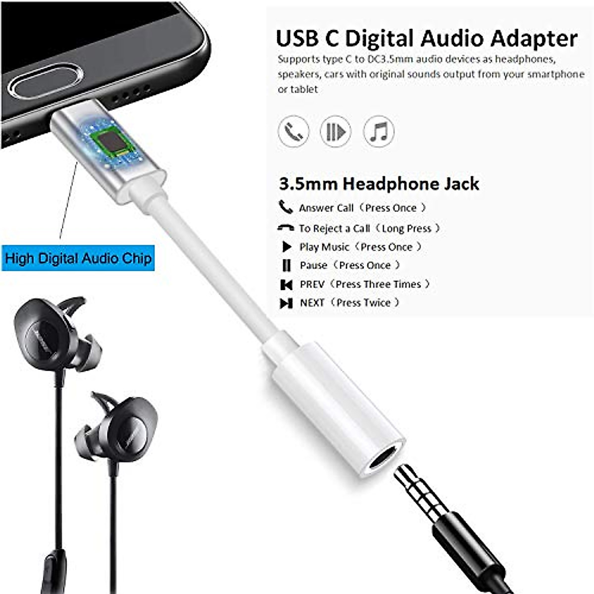 Apple USB C to 3.5mm Headphone Jack for iPad Pro 2018/2019/ 2020 MacBook Pro, Type C to Aux Earphone Dongle Compatible with Pixel 4XL/3/3 XL/2/2 XL, Samsung Sony HTC Moto ect.
