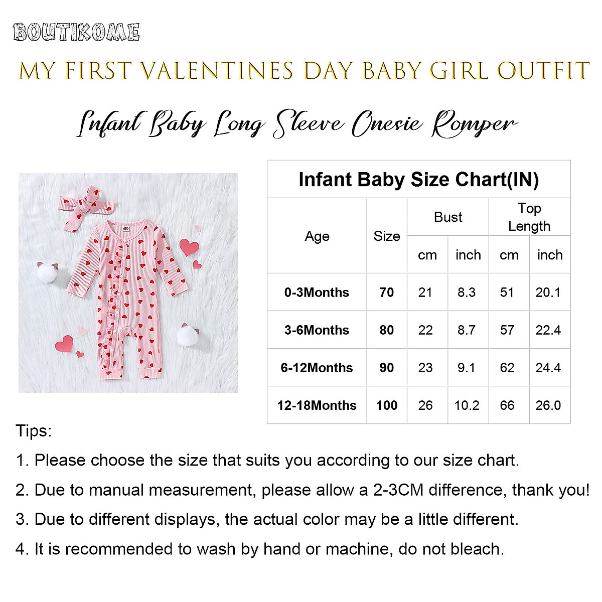 BOUTIKOME Infant Baby Girl Valentines Day Outfit Love Heart Print Footie Romper Ruffle One Piece Onesie Newborn Headband(Beige-10,12-18M)