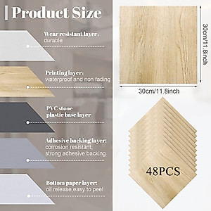Sasylvia 48 Pcs Peel and Stick Floor Tile Wood Grain Vinyl Flooring Self Adhesive Waterproof Bathroom Floor Tile for Living Bedroom Kitchen Floor, 12 x 12 Inch(Light Yellow, Elegant Style)