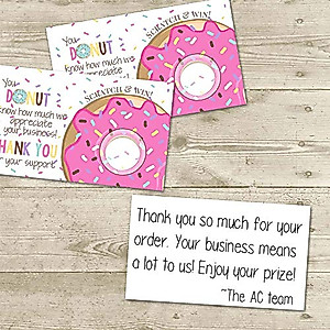 Donut Themed Scratch & Win Customer Appreciation Package Inserts for Small Businesses, 20 2" X 3.5” Single Sided Insert Cards with Scratch Off Stickers included by AmandaCreation