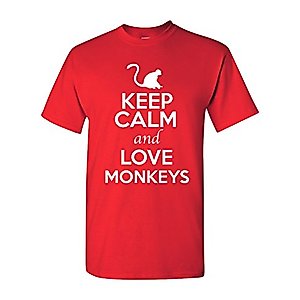 Keep Calm and Love Monkeys Animal Lover Adult T-Shirt Tee (Large, Red)