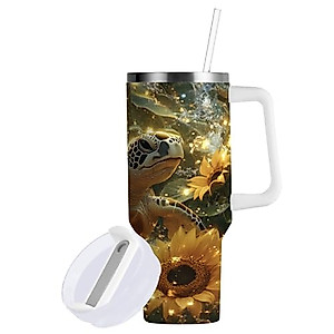 Slewiaeky Tumbler with Handle 40 oz Skinny Turtle Ocean Travel Mug with Lid and Straw Sunflower Stainless Steel Vacuum Insulated Water Bottle Cup for Iced Tea Coffee Cold Beverages Cup Holder Friendl