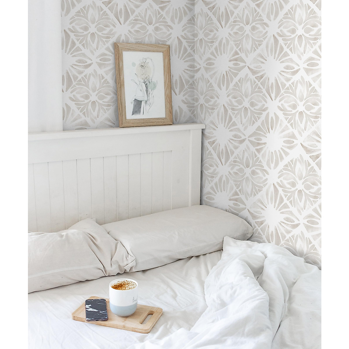 Fiula Geometric Peel and Stick Wallpaper Boho wallpaper78.7 "x16.1" White and Gray Wallpaper White Contact Paper Removable Wallpaper for Bedroom Waterproof Removable Shelf Liner Decal Vinyl Roll