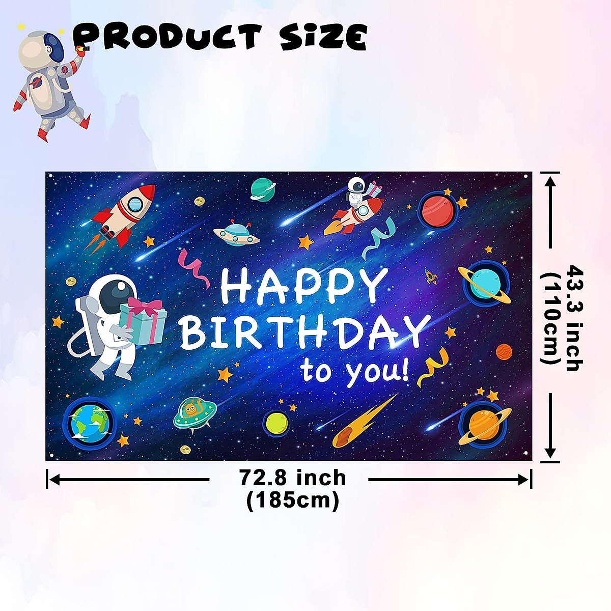 Space Happy Birthday Backdrop, 6x3.6ft Astronaut Rocket Birthday Banner, Space Party Decorations for Children's Birthday Galaxy Planet Party