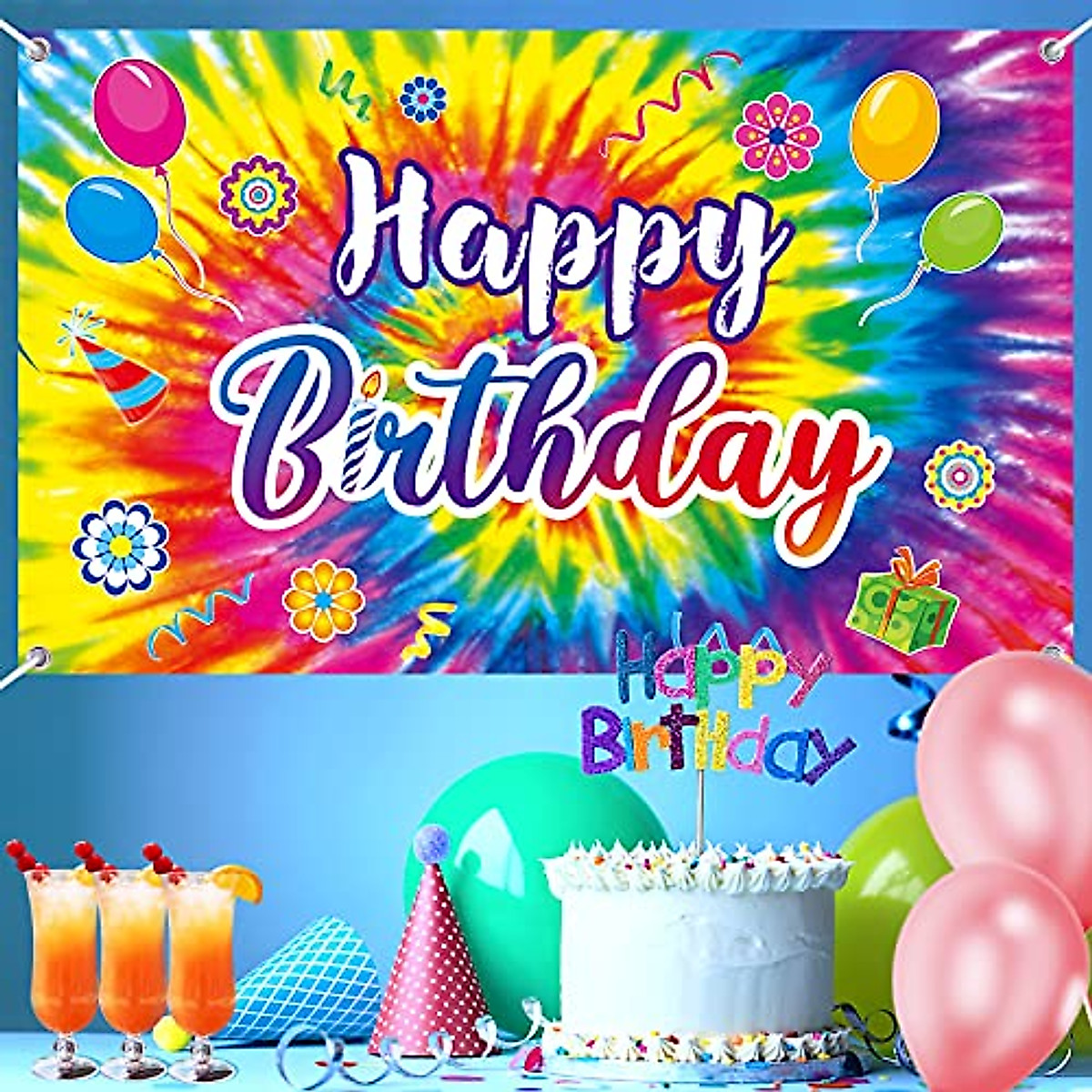 Tie Dye Birthday Backdrop, Tie Dye Party Supplies Birthday Decorations, Rainbow Birthday Banner Background, 60's 70's Hippie Theme Groovy Birthday Party Decorations, 71 x 43 Inches