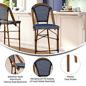 EMMA + OLIVER Soie Bistro Bar Stool - Stacking Indoor/Outdoor PE Rattan Bar Stool with Bamboo Finish Frame - 30" High - Set of Two - Navy/White