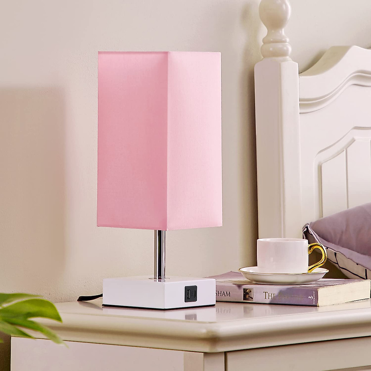 Ambimall Touch Control Table Lamp with 2 USB Charging Ports, 3 Way Touch Lamps Beside Desk, Nightstand Lamp for Bedrooms Living Room, Pink Shade with White Base, LED Bulb Included(Pink)