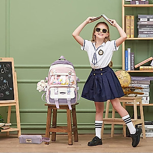 MocaDng Backpack for Girls, Kawaii Backpack Cute Aesthetic Backpack with Pin Accessories Plush Pendant, 17.7 Inch Backpack for School & Travel - Durable, Water Resistant (Purple)