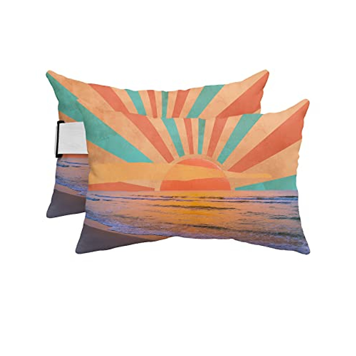 Recliner Head Pillow Ledge Loungers Chair Pillows with Insert Hand Drawn Orange Abstract Sunset in Seaside Lumbar Pillow with Adjustable Strap Outdoor Waterproof Patio Pillows for Beach Pool, 2 PCS