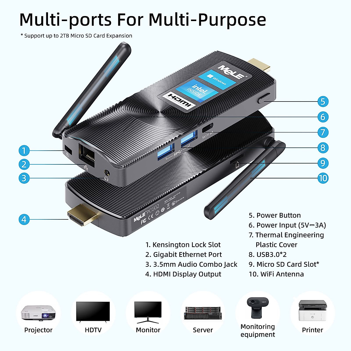 MeLE PCG02 Mini PC Stick Fanless Windows 11 Pro J4125 8GB/256GB, Mini Computer Stick HDMI 4K 2.4G/5G Wi-Fi 5 BT4.2 Gigabit Ethernet Micro PC on Business Industrial IoT Digital Signage
