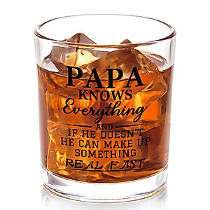 DAZLUTE Father’s Day Gifts, Papa Knows Everything Whiskey Glass, Birthday Gifts Christmas Gifts for New Dad Father Daddy Husband Men, Dad Gifts from Daughter Son Wife, 10Oz Old Fashioned Glass