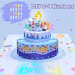 3D Musical Birthday Card, Blowable LED Light Candle, 3D Birthday Popup Cards with DIY 0-9 Numbers, Blow Out Led Light Candle, and Play Birthday Music Flash Happy Birthday Lights for Kids Men and Women