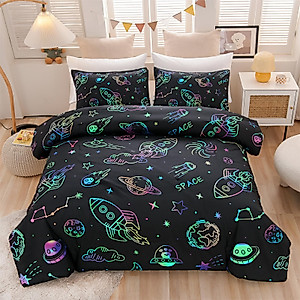 Aimuan Space Bedding Twin Bed Comforter Kids Rocket Bedding Set Super Soft & Cute Aliens UFO Printed for Boys Girls Teen (Black, Twin)