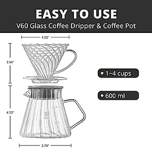 vandroop Pour Over Coffee Maker-V60 Glass Coffee Dripper with Handle and 600ml Coffee Server, Coffee Pour Over Set for Home&Office, 02 (Borosilicate Glass, 1-4 Cups)