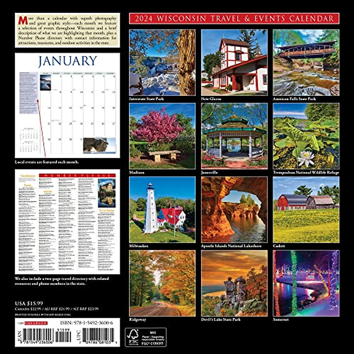 Willow Creek Press Wisconsin Monthly 2024 Wall Calendar (12" x 12")