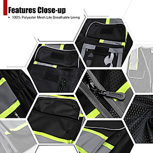 HATAUNKI High Visibility Reflection Black Mesh Safety Vests with 9 Pockets and Front Zipper, hi vis safety vest for Women, Meets ANSI/ISEA Standards(Black-16,Medium)