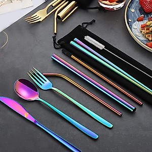 Portable Travel Utensils Set with Case, Stainless Steel Flatware Sets for Lunch Box, Reusable Silverware Set 10 Piece Cutlery Kit Including Fork Knife Spoon Chopsticks Straws (Rainbow)