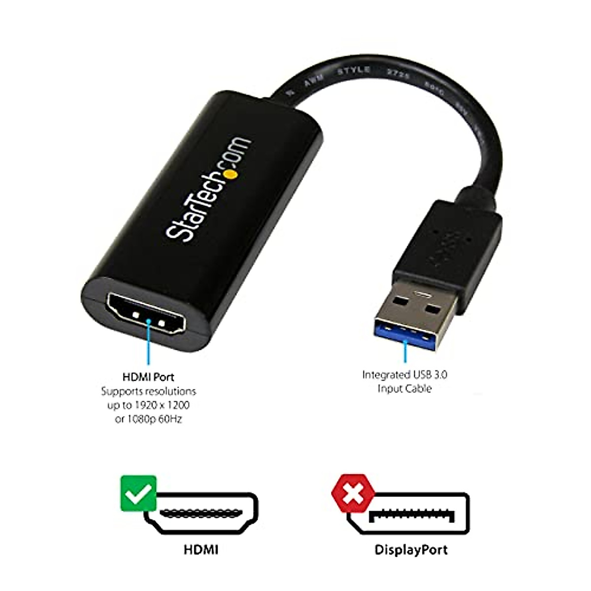 StarTech.com USB 3.0 to HDMI Adapter, USB to HDMI Monitor Converter for Windows, 1080P (No Support for macOS/ChromeOS/Linux)