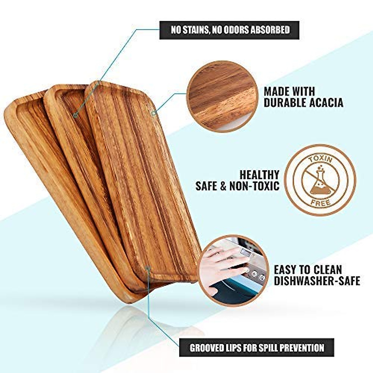 11.8 Inch Solid Wood Serving Platters and Trays Set of 3 Highly Durable Dishwasher Safe Rectangular Party Plates Avoid Sliding and Spilling Food with Easy Carry Grooved Handle Design