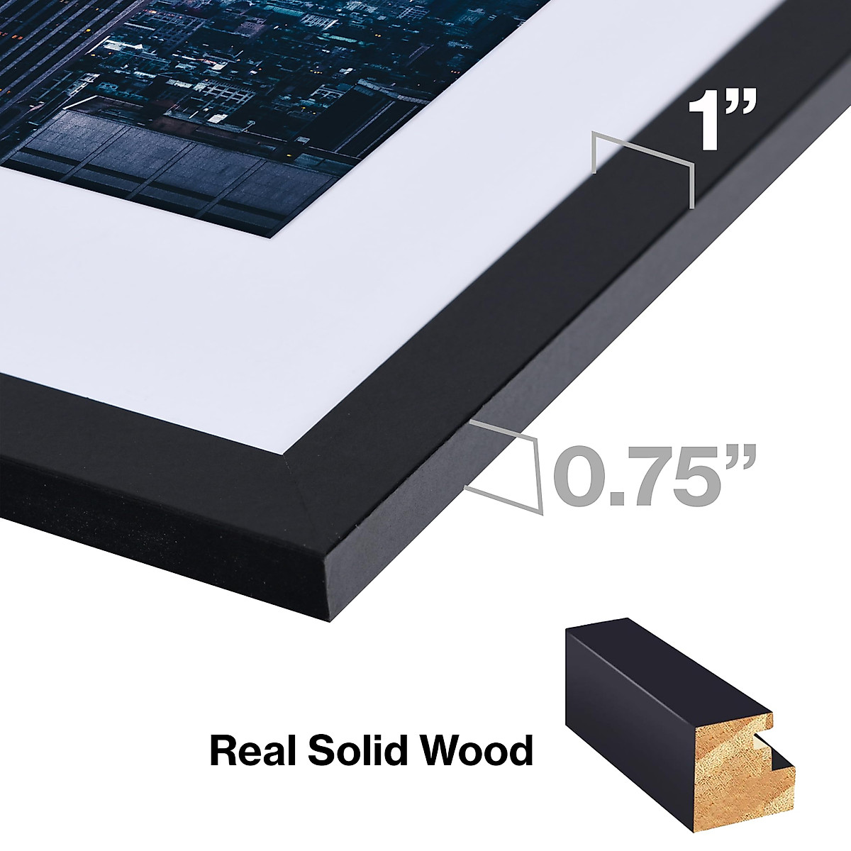 Frame Amo 24x32 Black Solid Wood Picture Frame with 19.5x27.5 White Mat Opening for 20x28 Image, 1 Inch Border, Acrylic Face