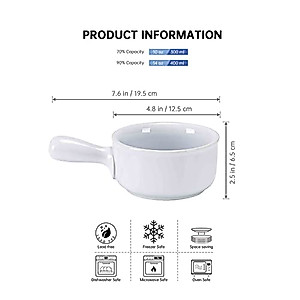 UNICASA Ceramic Soup Bowls with Handles - 14 Ounce French Onion Soup Crock Pot Microwave Oven Safe for Chili, Cereal, Stew, Set of 4 (White)