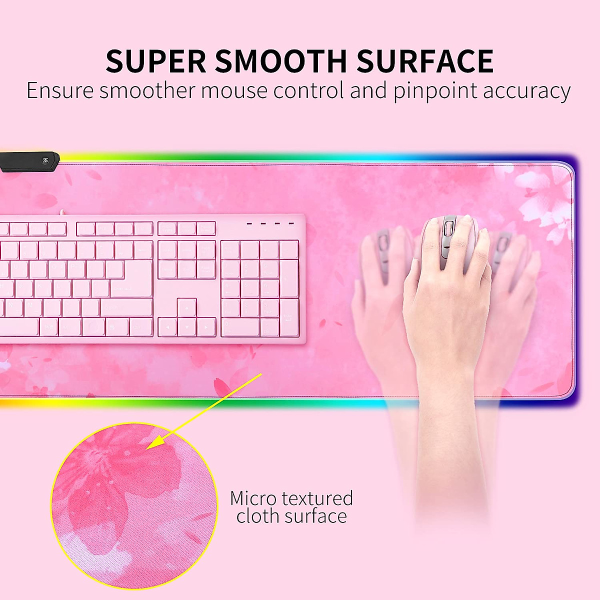 RGB Gaming Mouse Pad, Large Led Mouse Pad with 12 Lighting Modes, Gaming Keyboard Non-Slip Rubber Base PC Gaming Desk Pad,High-Performance Pad Optimized for Gamer,31.5x11.8 inch (Pink)
