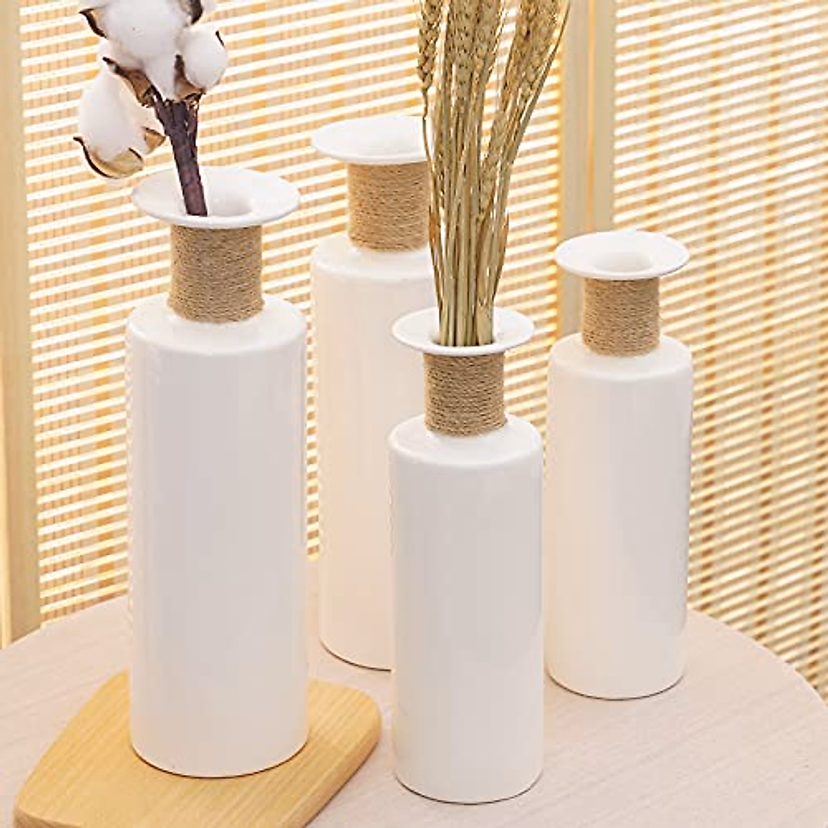 Fengson Small Ceramic Vase Set of 2, 10”&12” Tall,Modern Farmhouse White Floral Vase,Flower Vase with differing Unique Rope Design,Distressed Décor for Rustic Home,Wedding Centerpiece,Housewarming