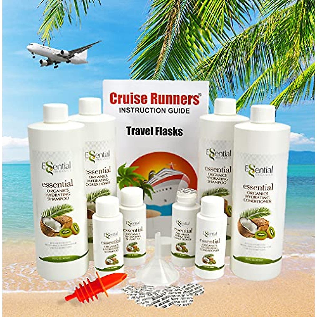 CRUISE RUNNERS Fake Shampoo Conditioner Flask Kit For Hiding Hidden Liquor Sneak Smuggle Alcohol On Booze Cruise With 4 TSA Travel Size Plastic Drinking Flask Bottles and Seals Rum Runners For Cruise