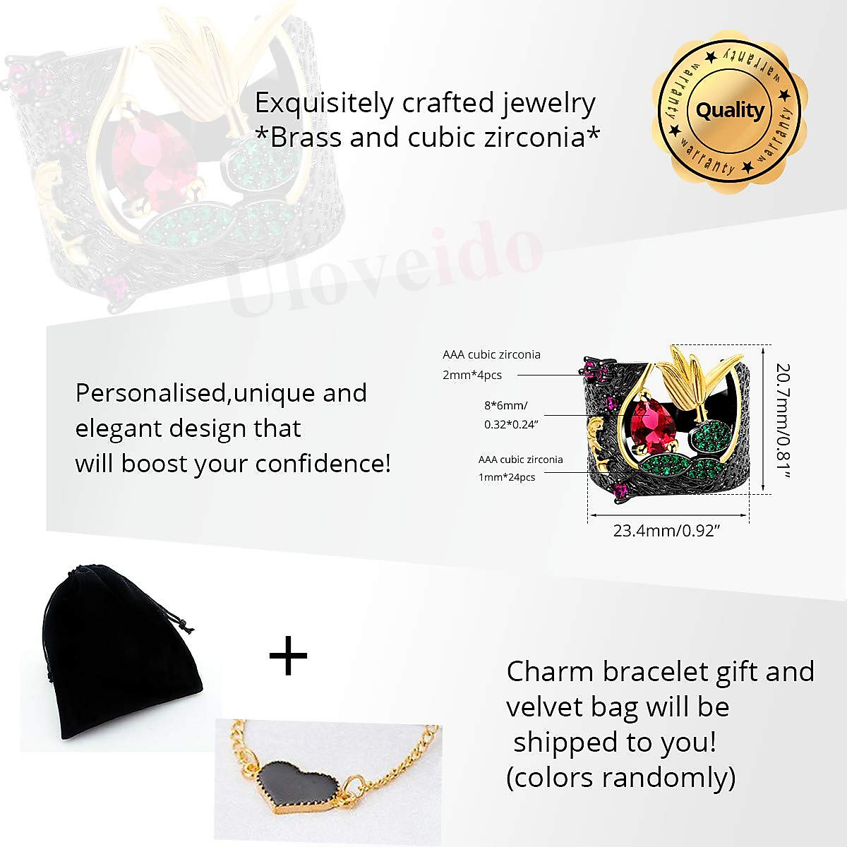 Uloveido Fashion Red Crystal Flower Black Band Rings for Women Statment Cocktail Wide Rings for Girls Size 9 Y566