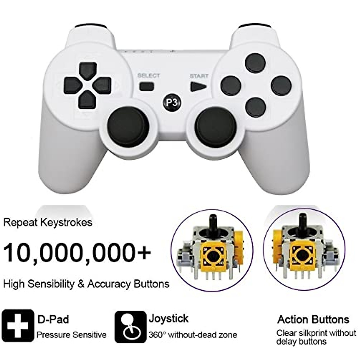 Rzzhgzq 2 Pack PS3 Wireless Controller Playstation 3 Controller Wireless Bluetooth Gamepad with USB Charger Cable for PS3 Console (Black+White)