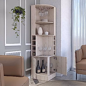 DEPOT E-SHOP Egina Corner Bar Cabinet with Two External Shelves, Glass Holder, Eight Exterior Bottle Racks, Central Shelf, Lower Drawer with Two Side Doors, 71" H, Light Gray, Living Room