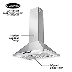 COSMO COS-63ISS75 30 in. Lumin Collection 380 CFM Ducted Island Range Hood, Soft Touch Controls, LED Lights, Stainless Steel