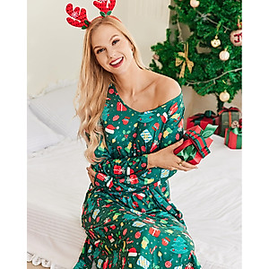 Ekouaer Womens Nightgown V Neck Nightshirts Long Sleeve Sleepwear with Pockets Xmas Green XX-Large