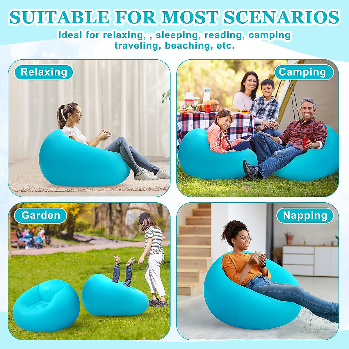 Realspring Inflatable Bean Bag Chair for Adult Bean Bag Sofa Chair Blow up Inflatable Furniture for Outdoor Living Room Bedroom Balcony Travel Party Gift Accessories(Lake Blue,2 Pcs)