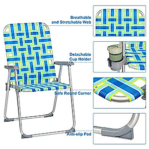 VINGLI Aluminum Patio Lawn Chairs Folding 1 Pack with Detachable Cup Holder, Webbed Beach Chair Folding Chair Outdoor Portable Camping Chair for Yard, Garden