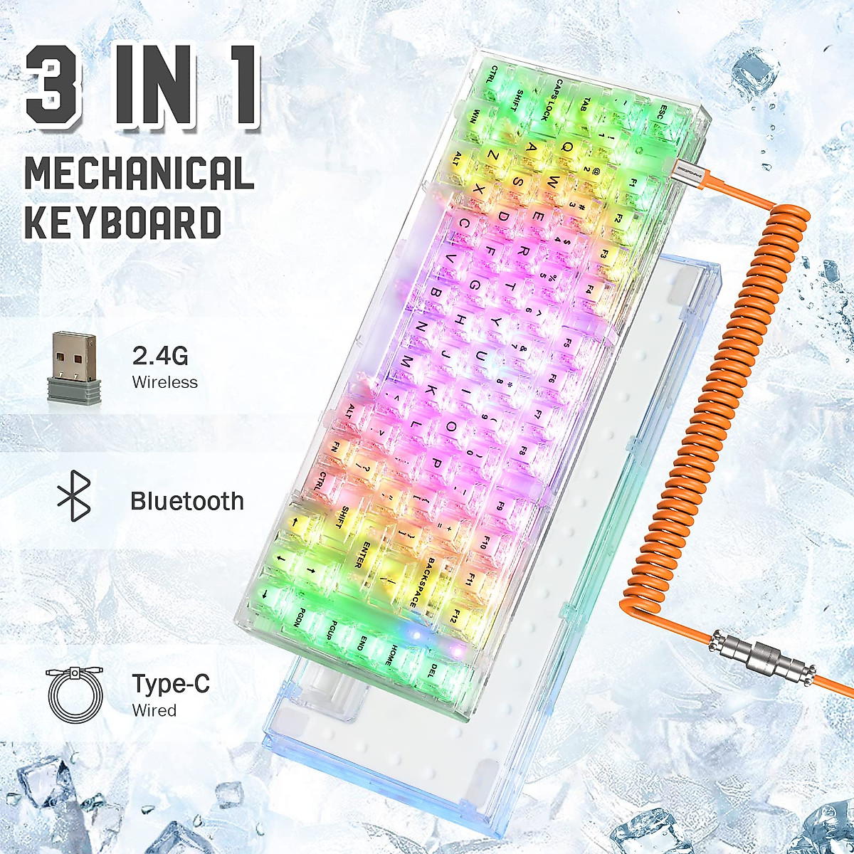 ATTACK SHARK X75 PRO PC Transparent Wireless Hot Swappable Mechanical Keyboard with 2.4G/Bluetooth/Wired Coiled Cable,Acrylic Wirst Rest,Gasket Mounted,for Windows/Mac(Kailh MX Switches)