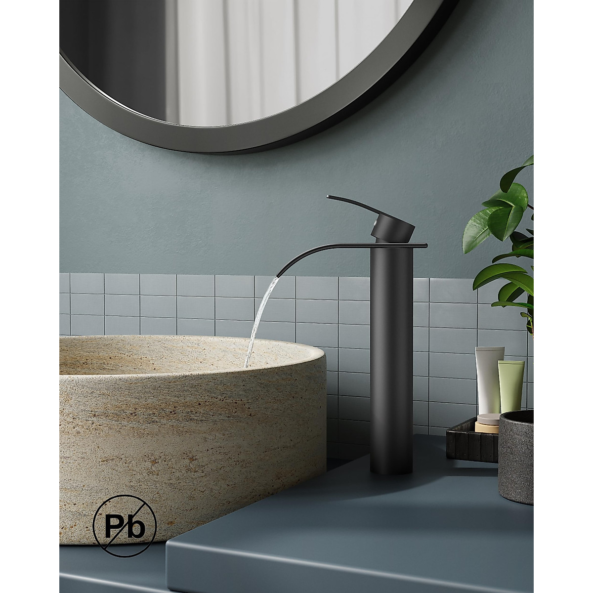 FORIOUS Waterfall Bathroom Vessel Sink Faucets with Metal Pop up Drain and Lead-Free cUPC Hose, Mate Black Single Handle Tall Bathroom Faucet 1 Hole, 11inch for Bath,Vessel