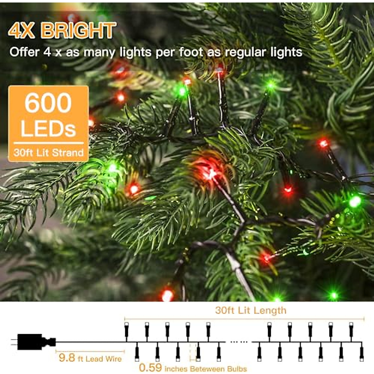 Ollny Cluster Lights for Christmas Tree, 600LED 30ft Red and Green Christmas Lights Outdoor 8 Modes Timer Remote, Waterproof String Lights for Indoor Outside Garland Xmas Decorations