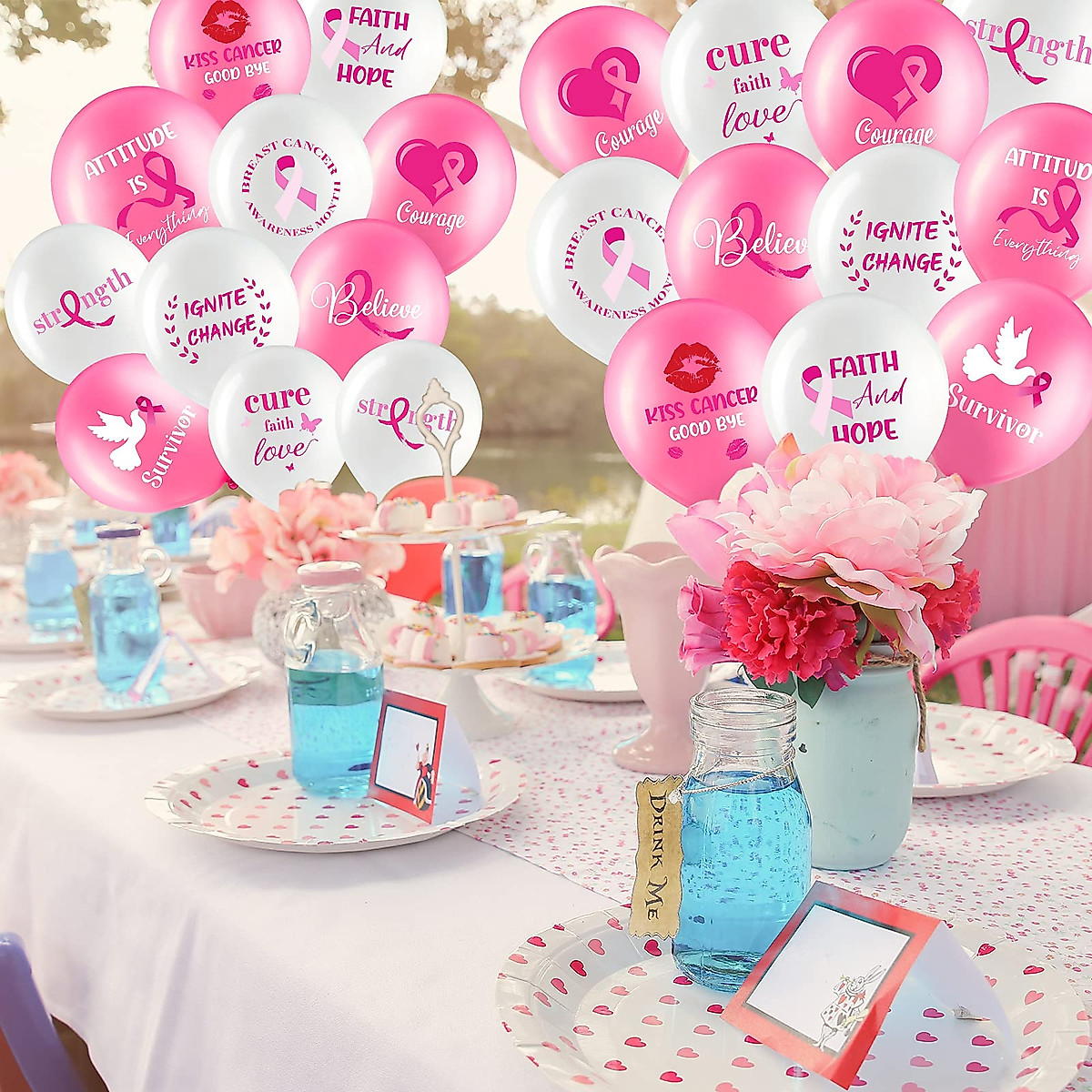60 Pieces Breast Cancer Awareness Balloons Pink Ribbon Latex Balloons Round Party Printed Balloons with 2 Rolls Pink or White Ribbons for Pink Ribbon Party Decoration Supplies, 12 Inch, 10 Designs