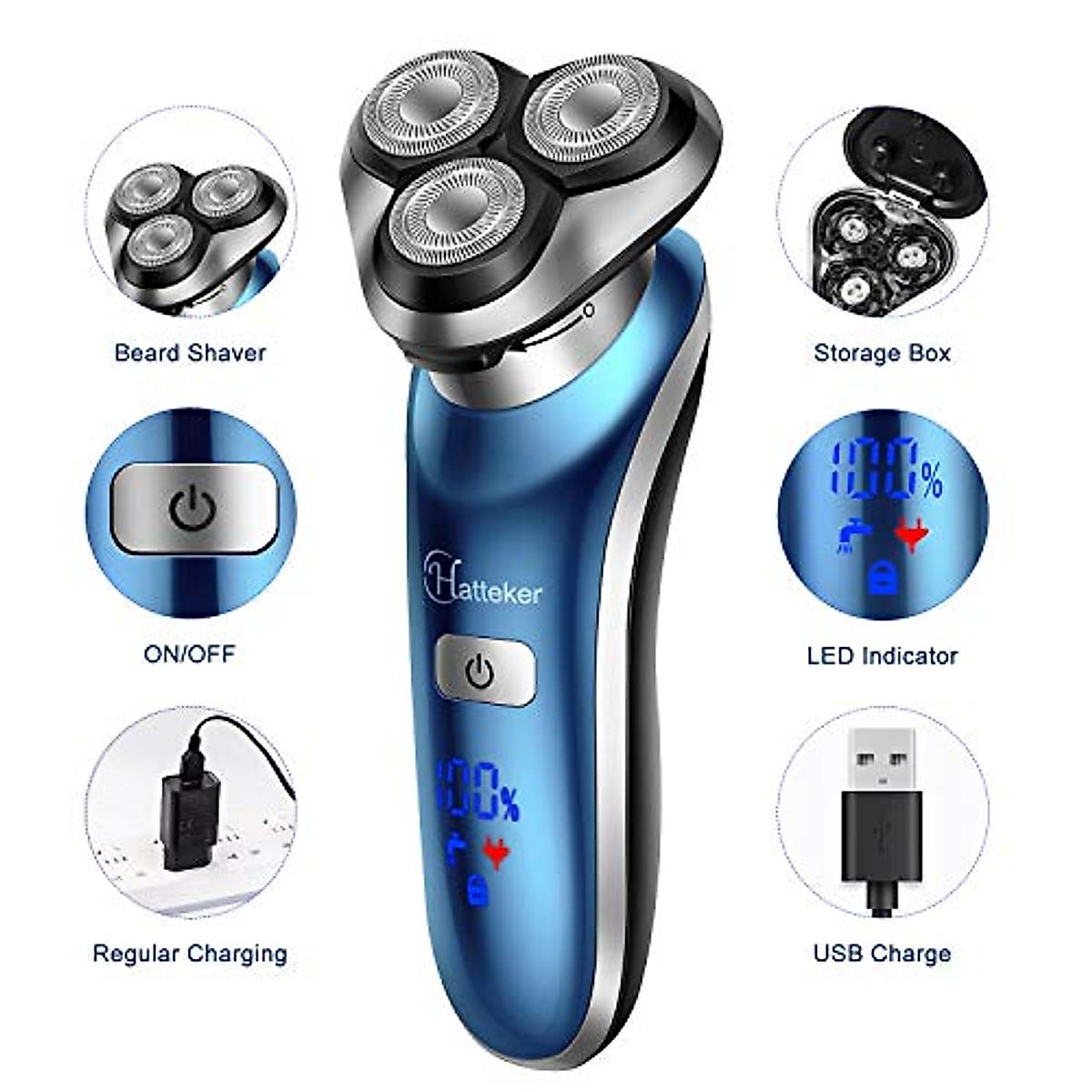 Hatteker Electric Shaver for Men Trimmer for Men Cordless Rechargeable Beard Nose Hair Face Trimmer Rotary Razor USB Groomer Waterproof Wet Dry 4 in 1