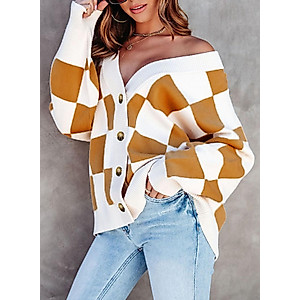 Dokotoo 2024 Fashion Cardigan Sweaters for Women V Neck Button Up Long Sleeve Plaid Cable Knit Sweater Casual Loose Flowy Checkered Fall Womens Cardigans Ladies Outerwear Brown S