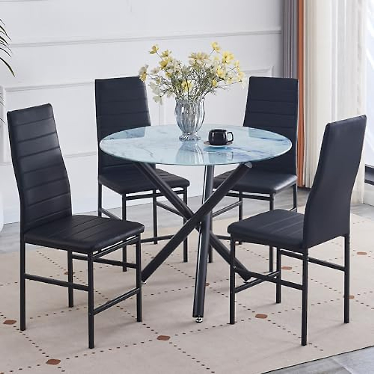 paonne Round Glass Dining Table with Gray Marble Glass Top and Silver Legs, Modern Round Glass Kitchen Table for Apartment/Restaurant/Dining Room 35.43" D x 35.43" W x 29.5" H