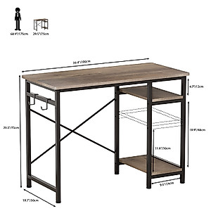 Engriy Writing Computer Desk 39", Home Office Study Desk with 2 Hooks and Storage Shelves on Left or Right Side, Industrial Simple Workstation Wood Table Metal Frame for PC Laptop, Black Oak