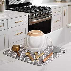 S&T INC. Absorbent, Reversible Microfiber Dish Drying Mat for Kitchen, 16 Inch x 18 Inch, White Trellis